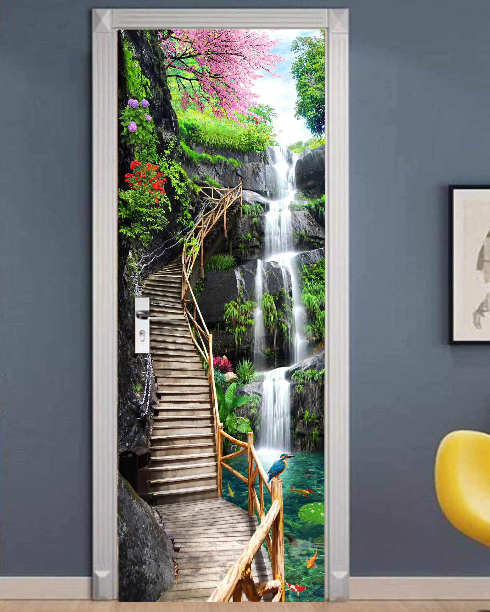 3D Nature Waterfall Door Stickers Fall Wallpaper Mountain River ...