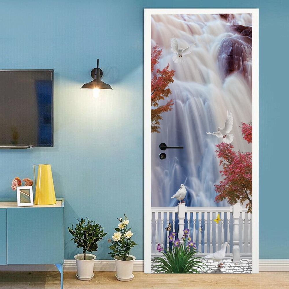 3D Nature Waterfall Door Stickers Fall Wallpaper Mountain River ...