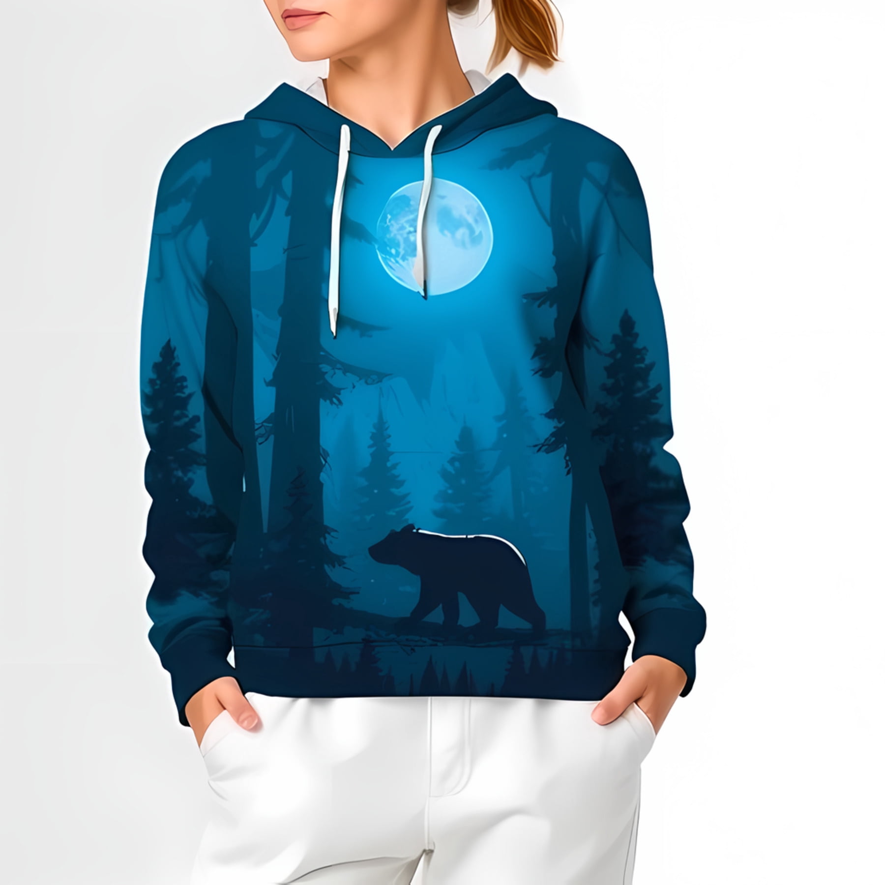 3D Night Forest Scene Hoodie - Dark Teal with Silhouetted Trees Full ...