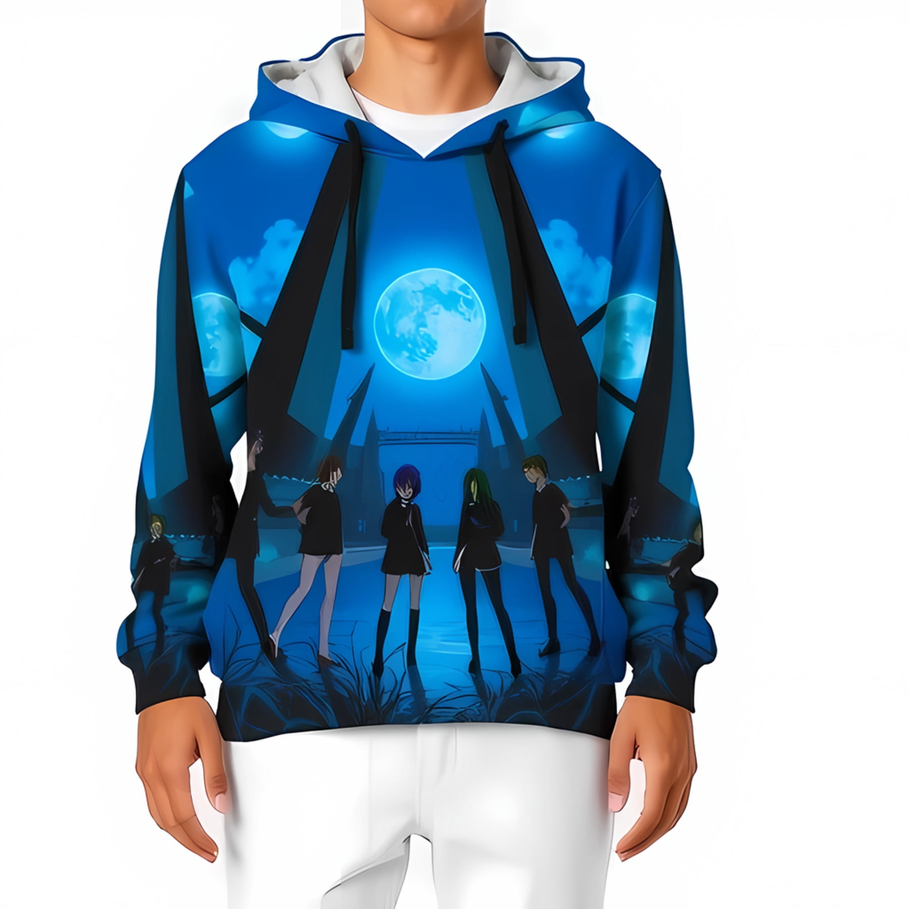 3D Nighttime Scene Hoodie with Full Moon & Anime Characters Dark ...
