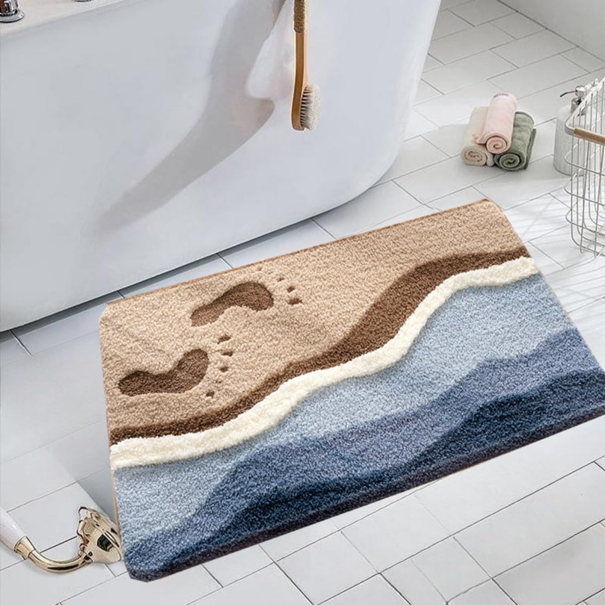 3D Ocean Beach Bathroom Rugs, Shaggy Sea Wave Bath Rugs Floor Mats for Shower Toilet, TPR Non ...