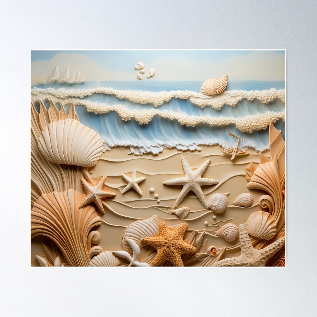 3D Ocean Beach With Seashells Poster Wall Art, Modern Wall Decor For ...