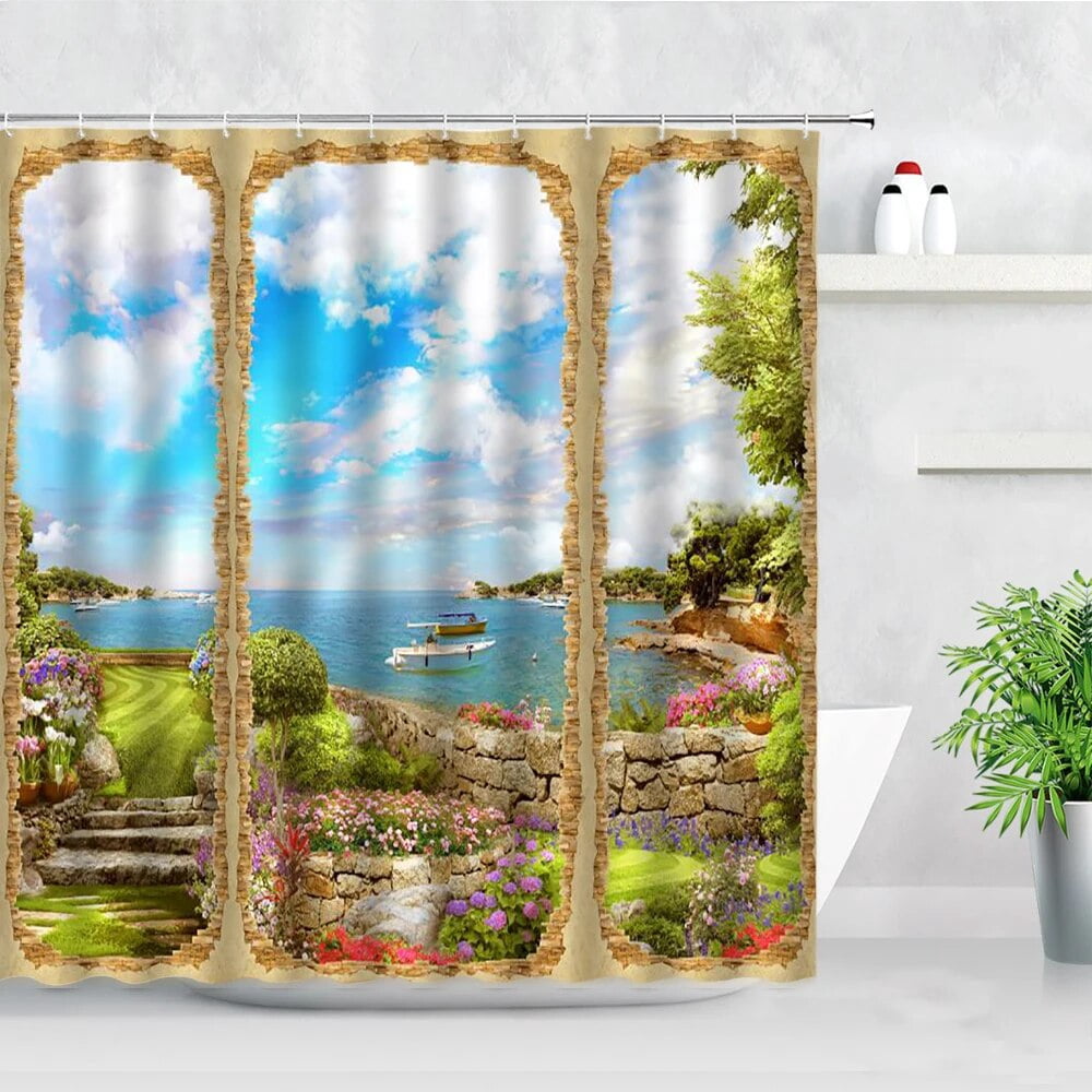 3D Ocean Flowers Shower Curtains Waterproof Creative Arch Door Seascape ...