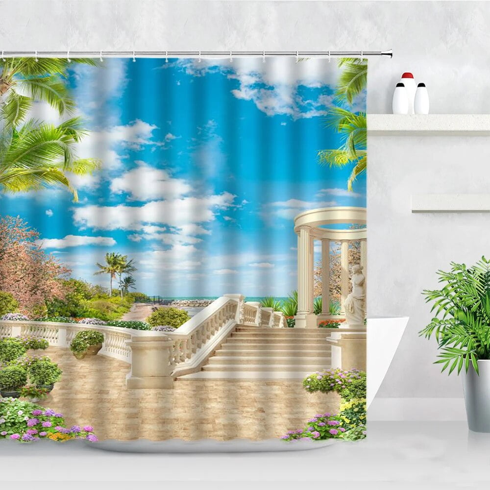 3D Ocean Flowers Shower Curtains Waterproof Creative Arch Door Seascape ...