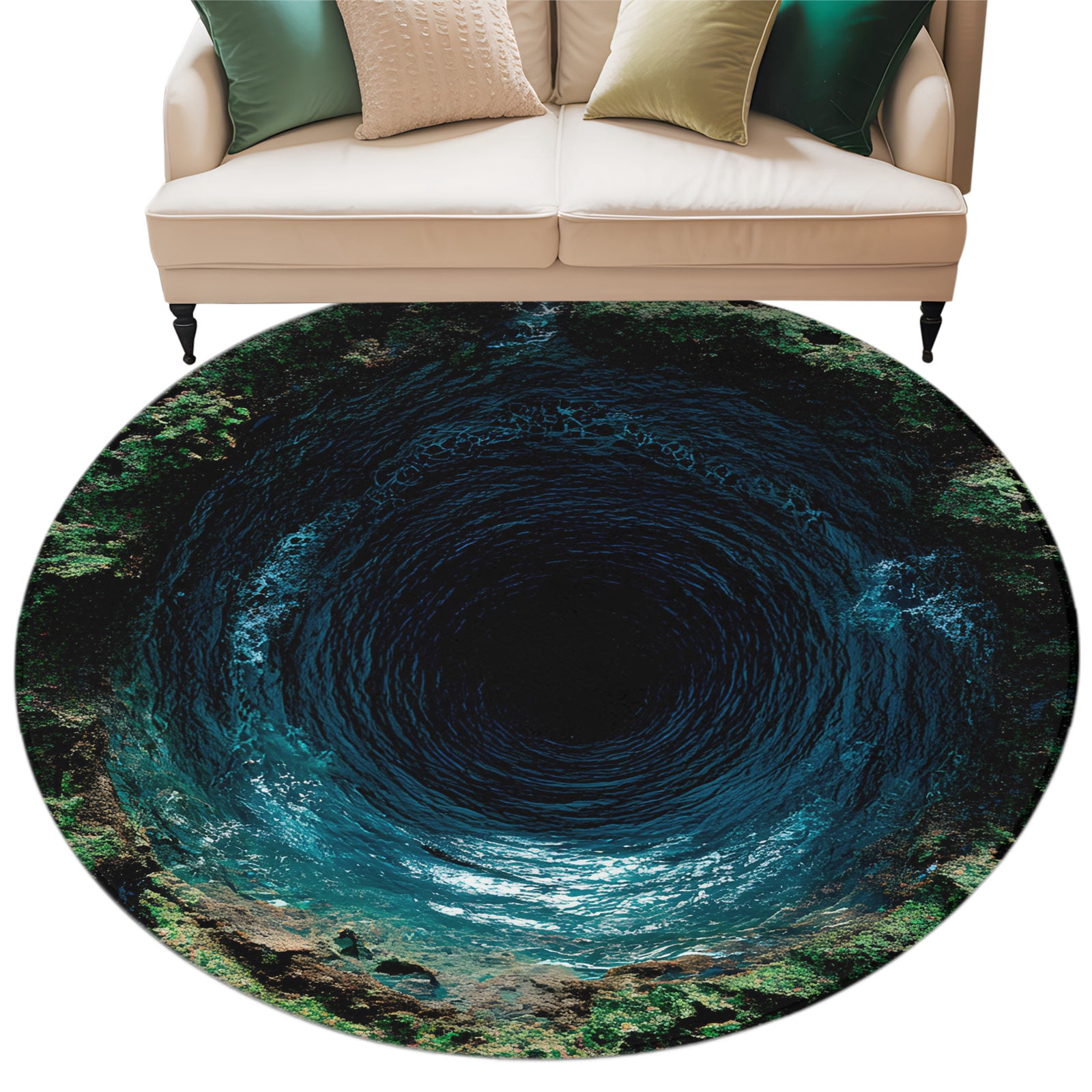 3D Ocean Hole Round Rug 7ft Washable Circle Rugs Non Slip Mountain Sea ...