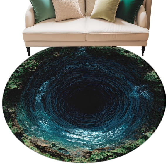 3D Ocean Hole Round Rug 7ft Washable Circle Rugs Non Slip Mountain Sea ...