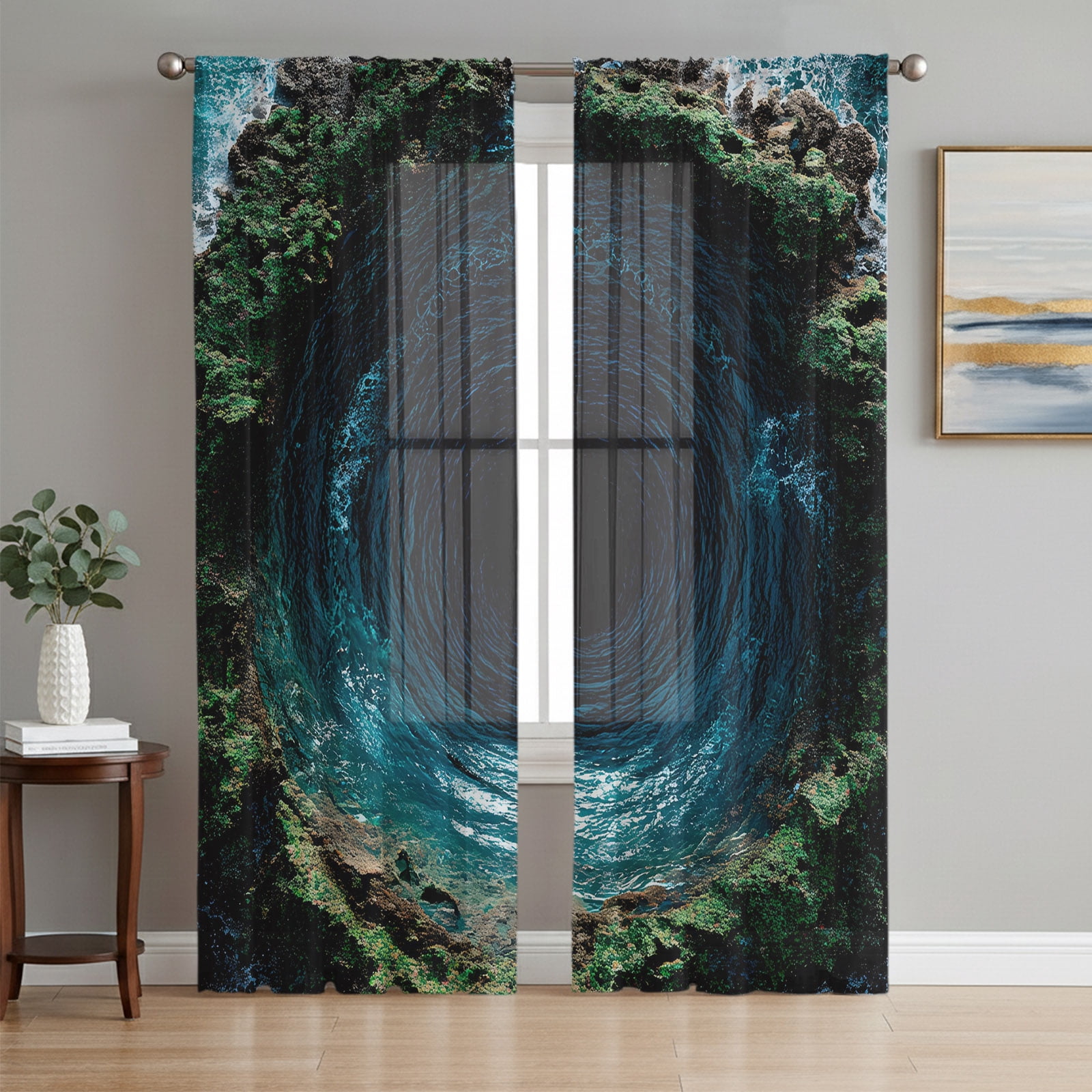 3D Ocean Hole Sheer Curtains for Living Room Bedroom Mountain Sea Water ...