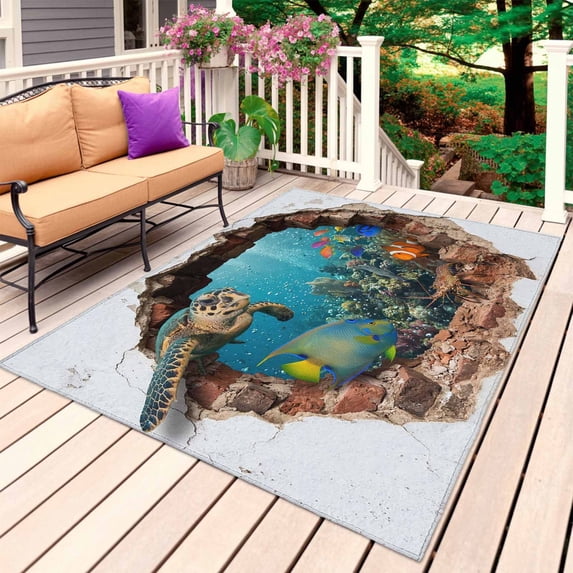 3D Ocean Outdoor Rug for Patio/Deck/Porch, Non-Slip Large Area Rug 4 x ...