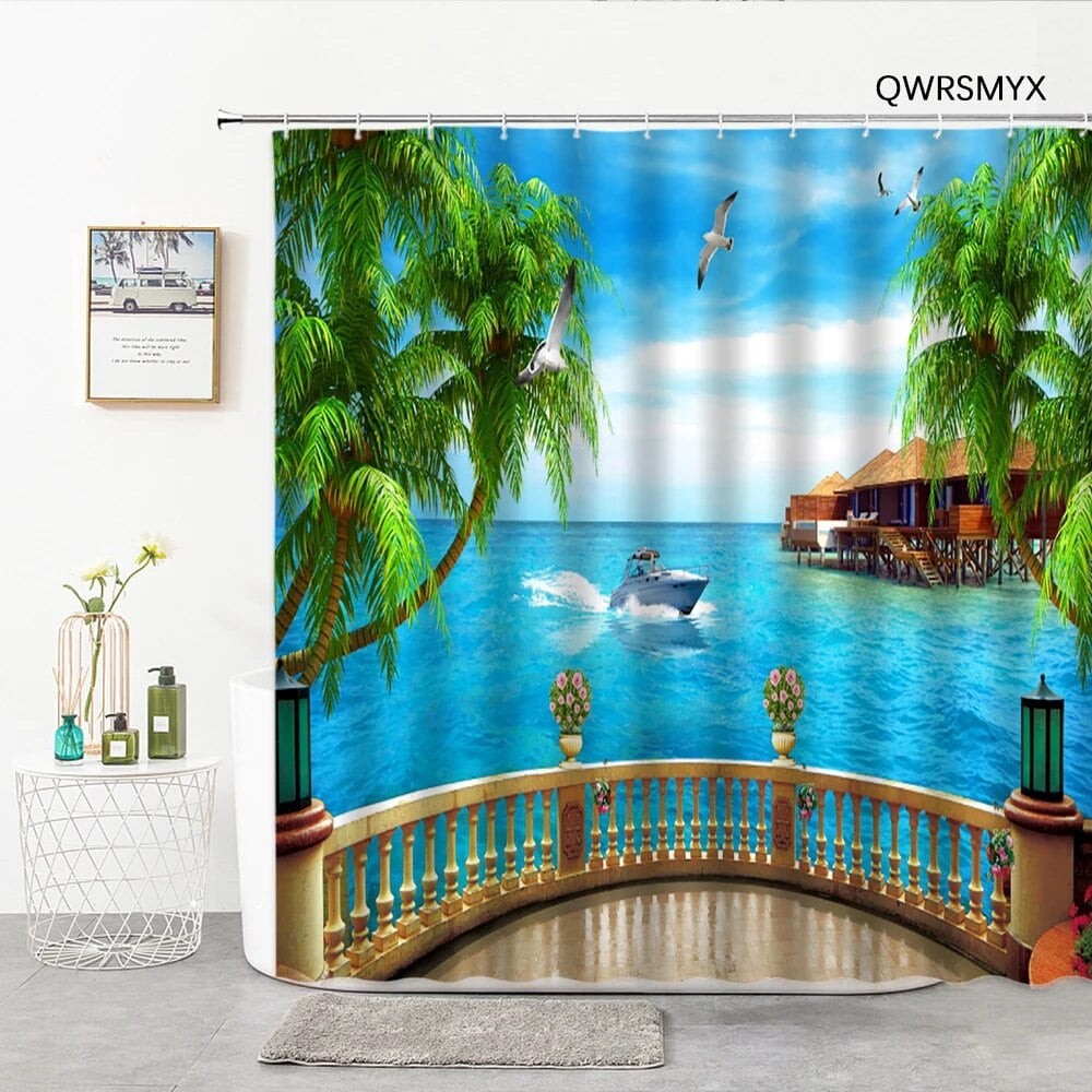 3D Ocean Scenery Outside The Window Shower Curtains Hook Landscape Bathroom Curtain Home ...