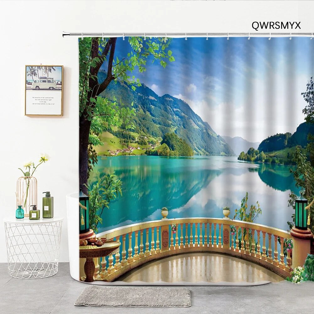 3D Ocean Scenery Outside The Window Shower Curtains Hook Landscape ...