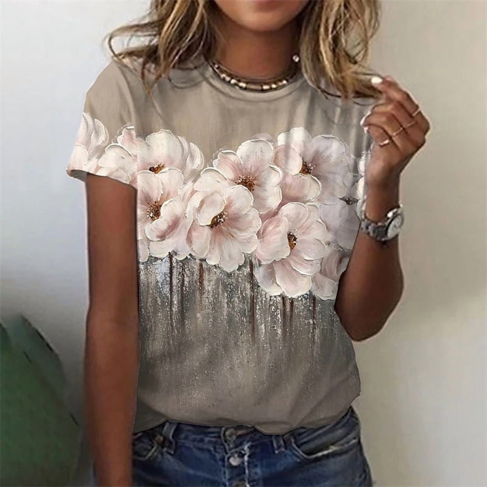3D Oil Painting Of Flowers Printed Tshirts For Women Summer Round Neck ...