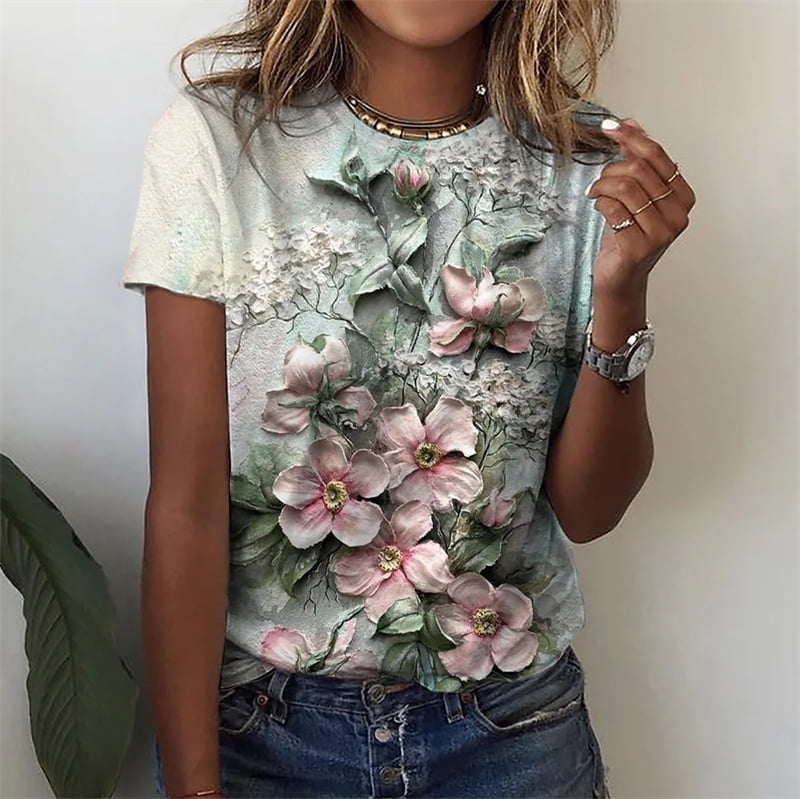 3D Oil Painting Of Flowers Printed Tshirts For Women Summer Round Neck ...