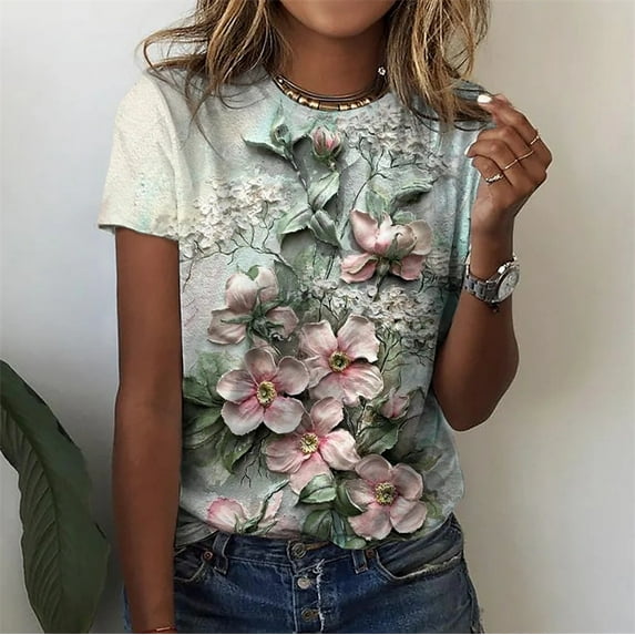 3D Oil Painting Of Flowers Printed Tshirts For Women Summer Round Neck ...