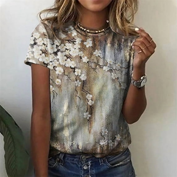3D Oil Painting Of Flowers Printed Tshirts For Women Summer Round Neck ...