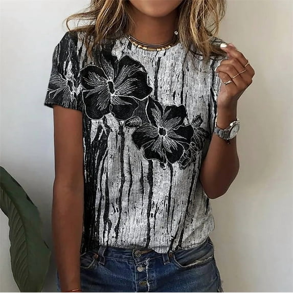 3D Oil Painting Of Flowers Printed Tshirts For Women Summer Round Neck ...