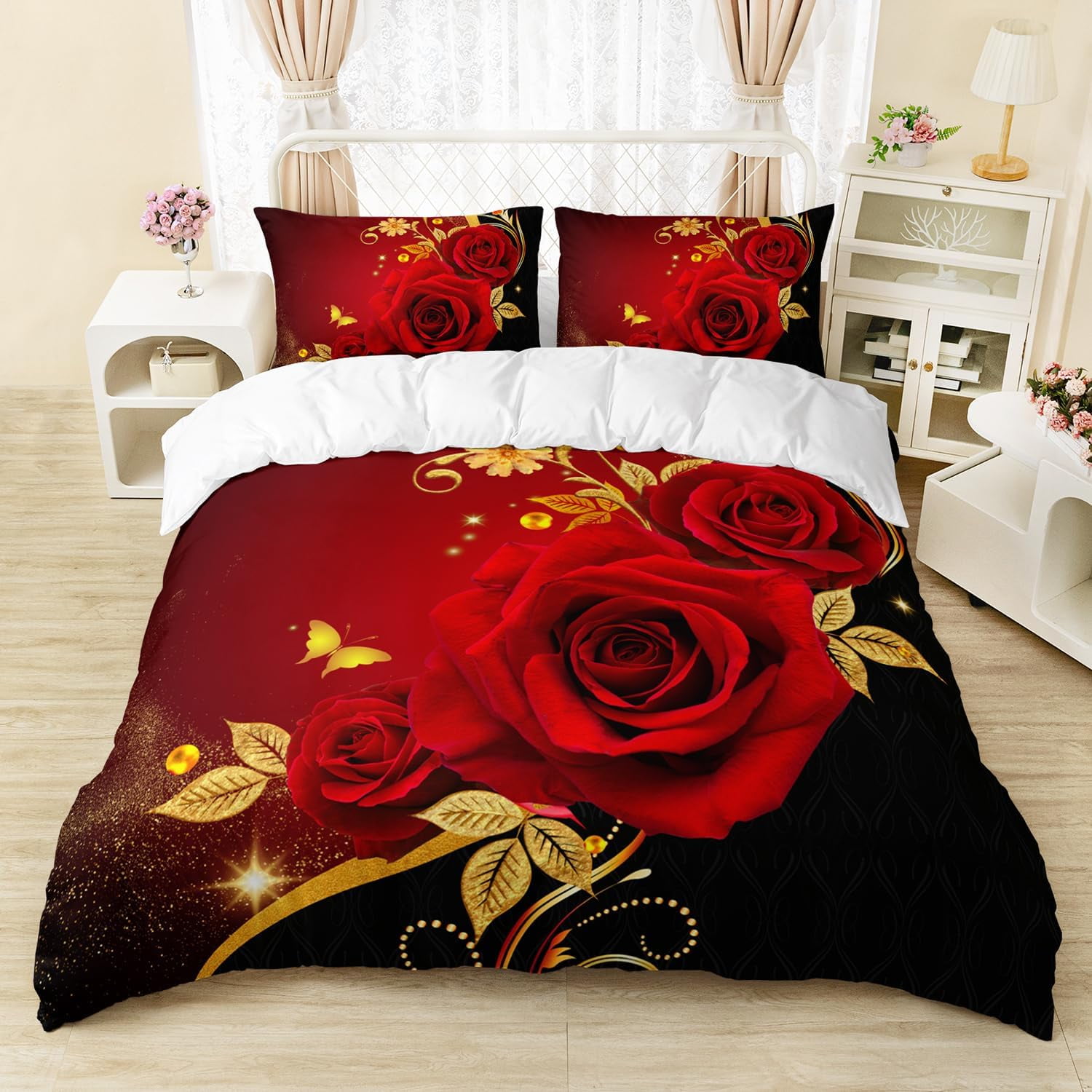 3D Oil Red Rose Duvet Cover Set,, Red Flowers with Butterfly Bedding ...