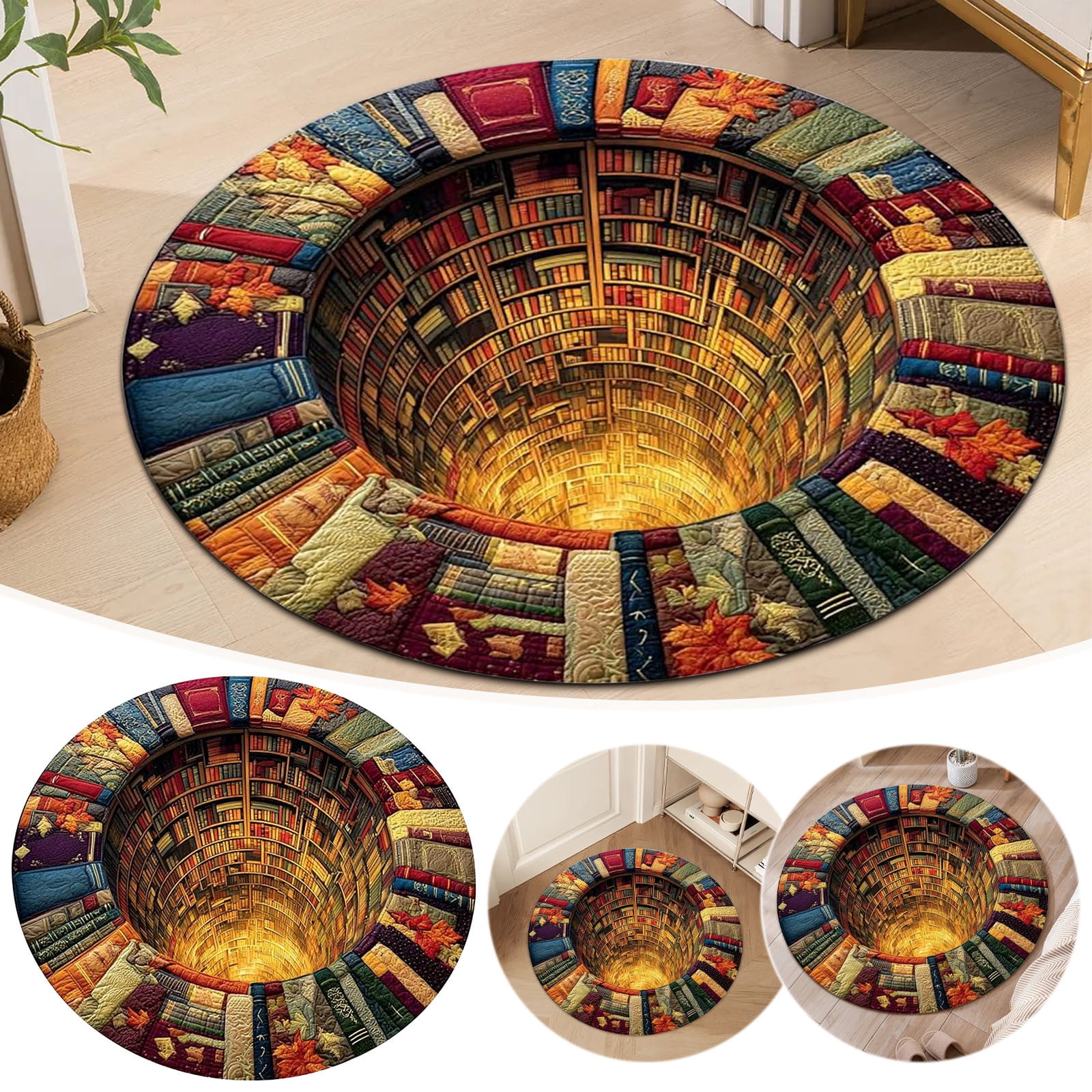 3D Optical Book Cave Round Rug - Non-Slip Rubber Bottom Crystal Velvet ...
