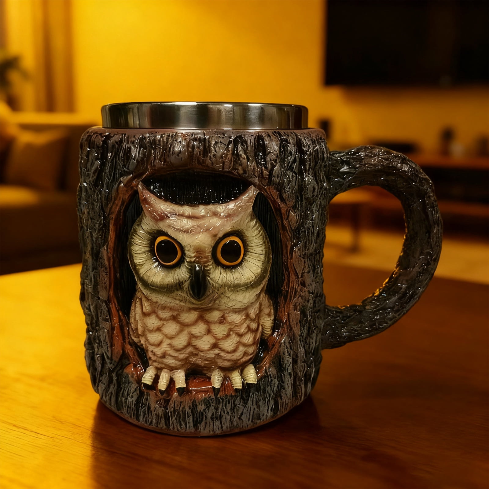 3D Owl Coffee Mug, Stainless Steel Liner Resin Tree Stump Cup, Cute ...