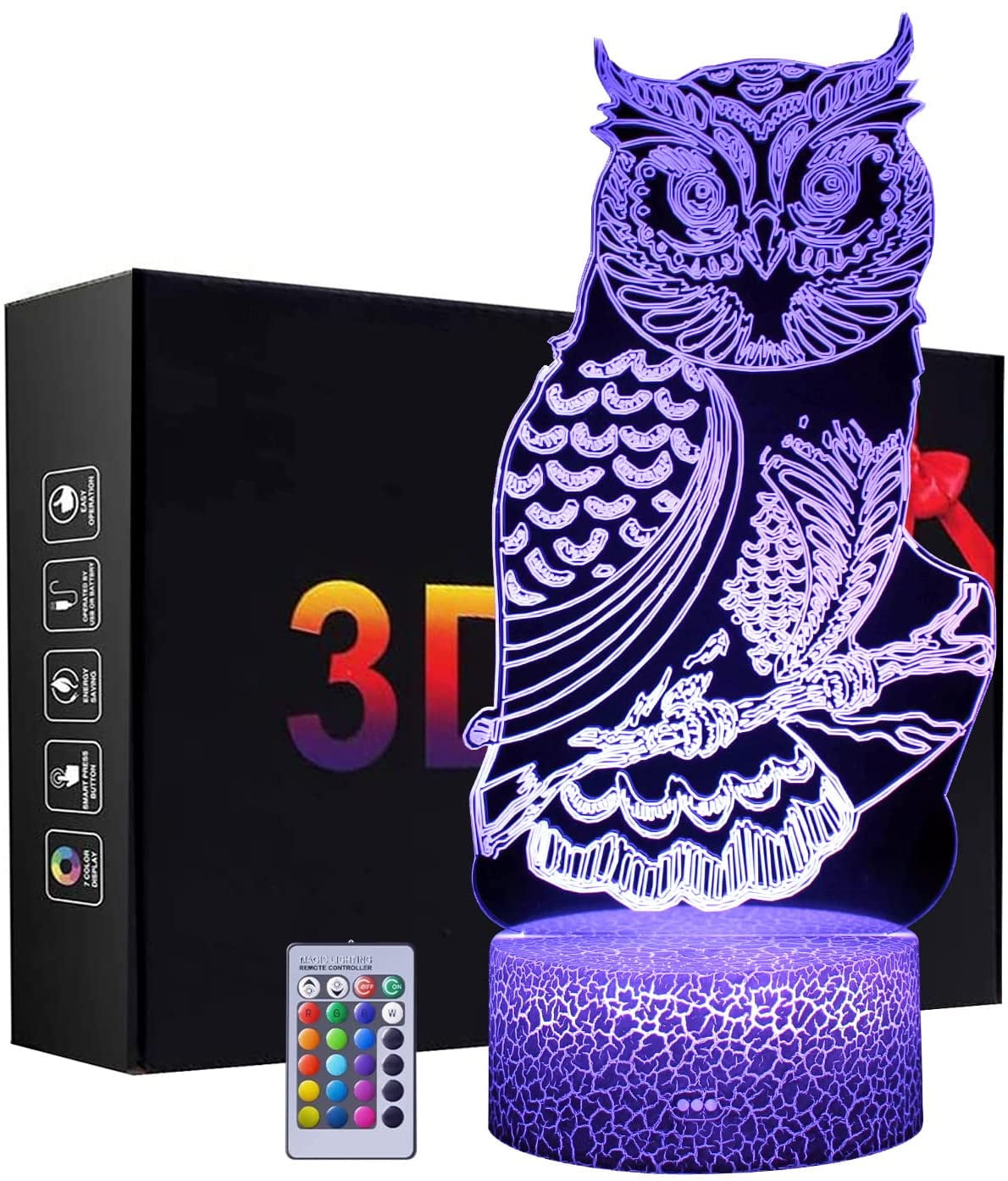 3D Owl Night Light,LED Illusion Bedside Lamps with 24 Keys Remote ...