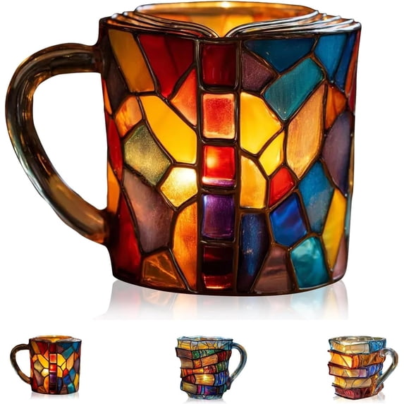 3D Painted Glass Book Mug, Colorful Stacked Books Coffee Cup, Unique ...