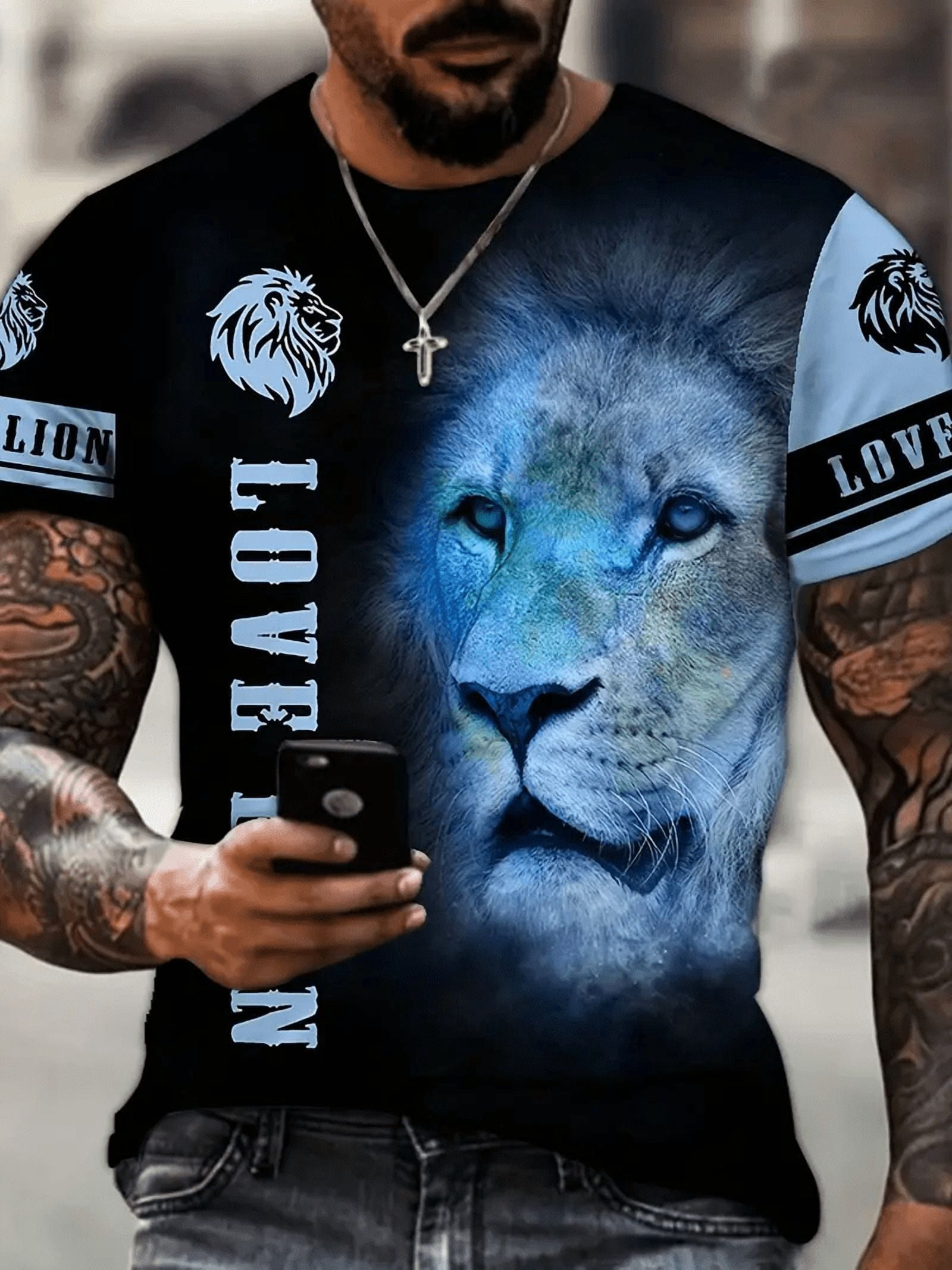 3D Painting Roaring Lion Graphic Shirt Casual Men Print Round Neck ...