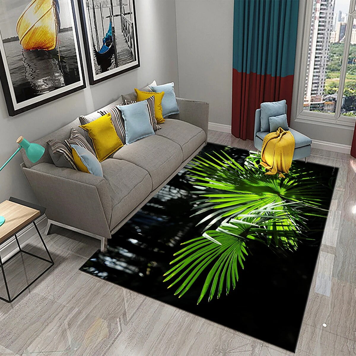 3D Palm Leaf Carpet Green Tropical Plants Rugs Kitchen Bathroom Anti ...