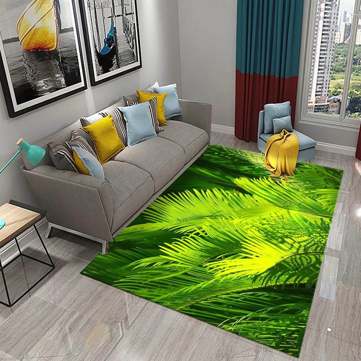 3D Palm Leaf Carpet Green Tropical Plants Rugs Kitchen Bathroom Anti ...