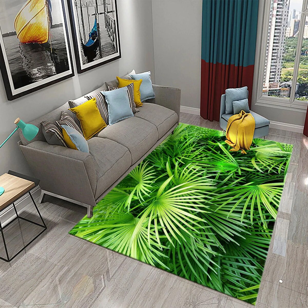 3D Palm Leaf Carpet Green Tropical Plants Rugs Kitchen Bathroom Anti ...