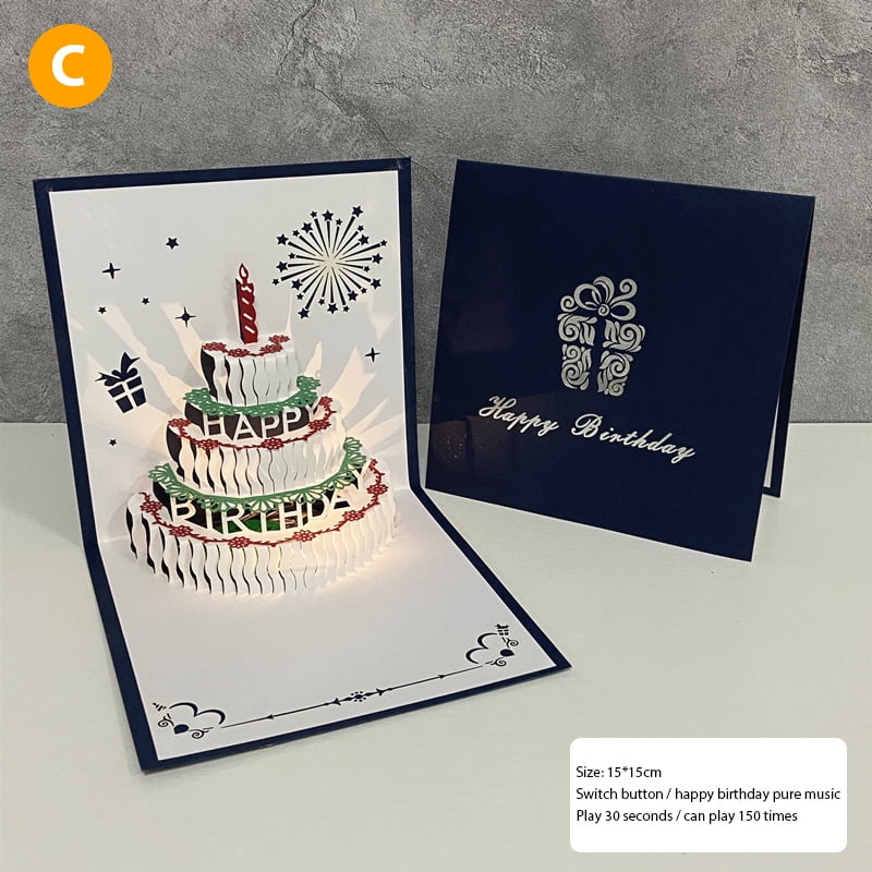 3D Paper Birthday Cards LED Warming Music Birthday Cake Greeting Cards ...