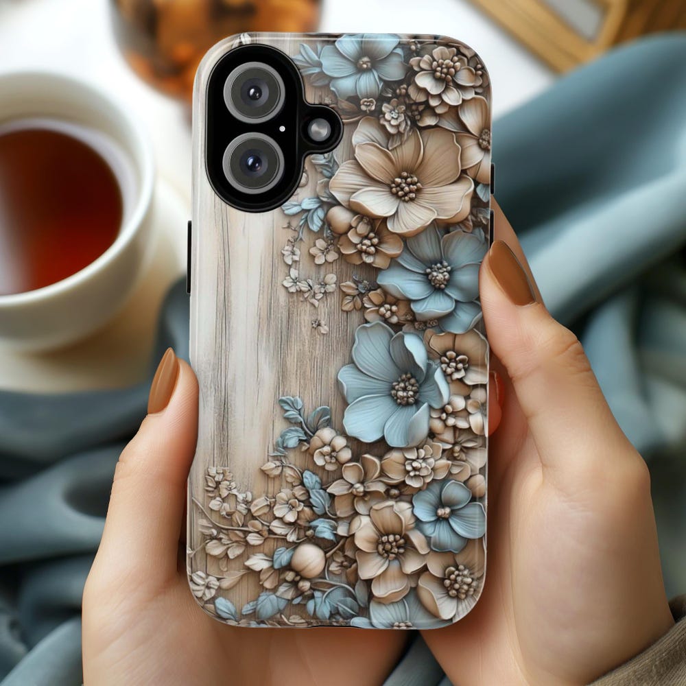 3D Pastel Flowers Wood-Carved Elegant Floral Phone Case with iPhone 17 ...
