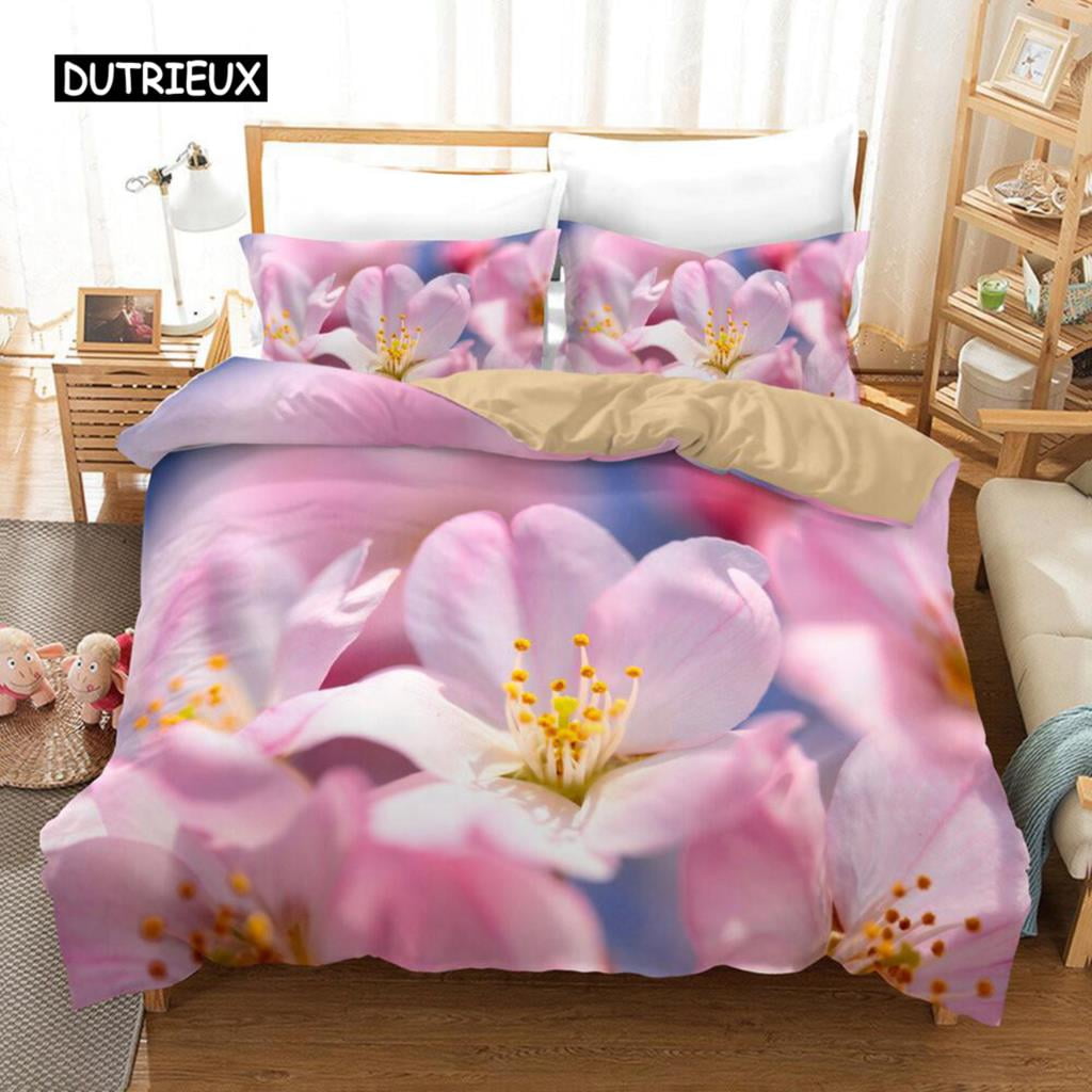 3D Peach Blossom Duvet Cover Set Blooming Flower Pattern Bedding Set Microfiber Spring Floral ...