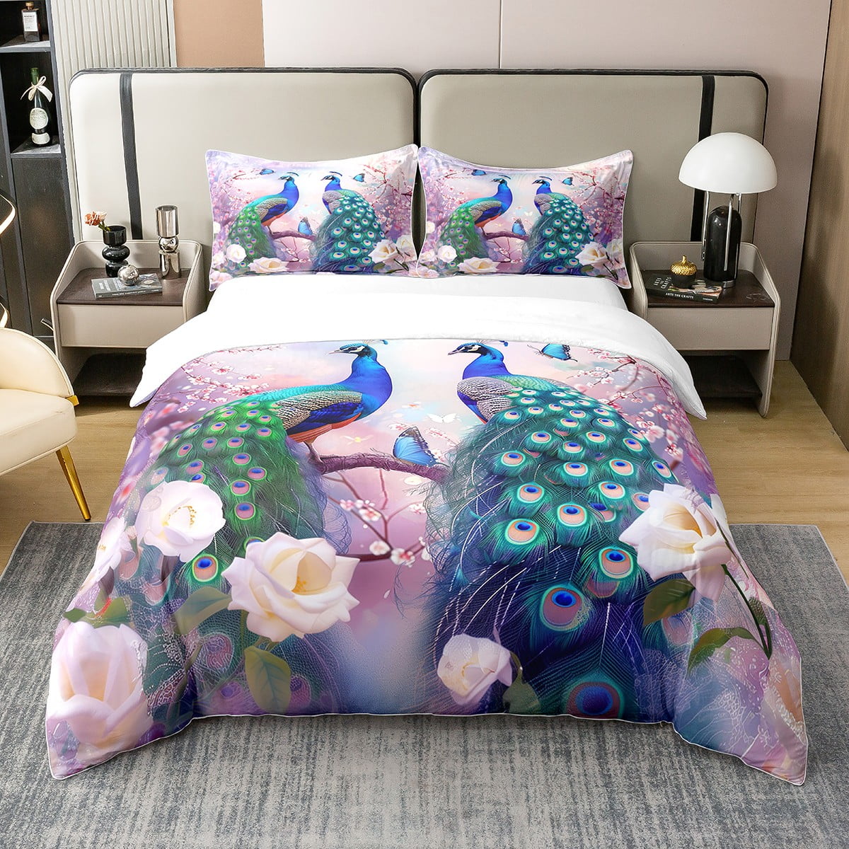 3D Peacock Comforter Cover King, Navy Blue Safari Feather 100% Cotton ...