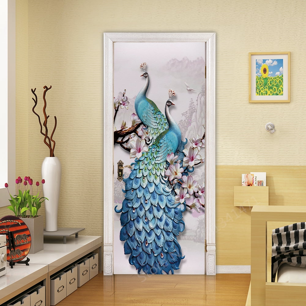 3D Peacock Door Stickers Home Decor Removable Wallpapers DIY Self ...