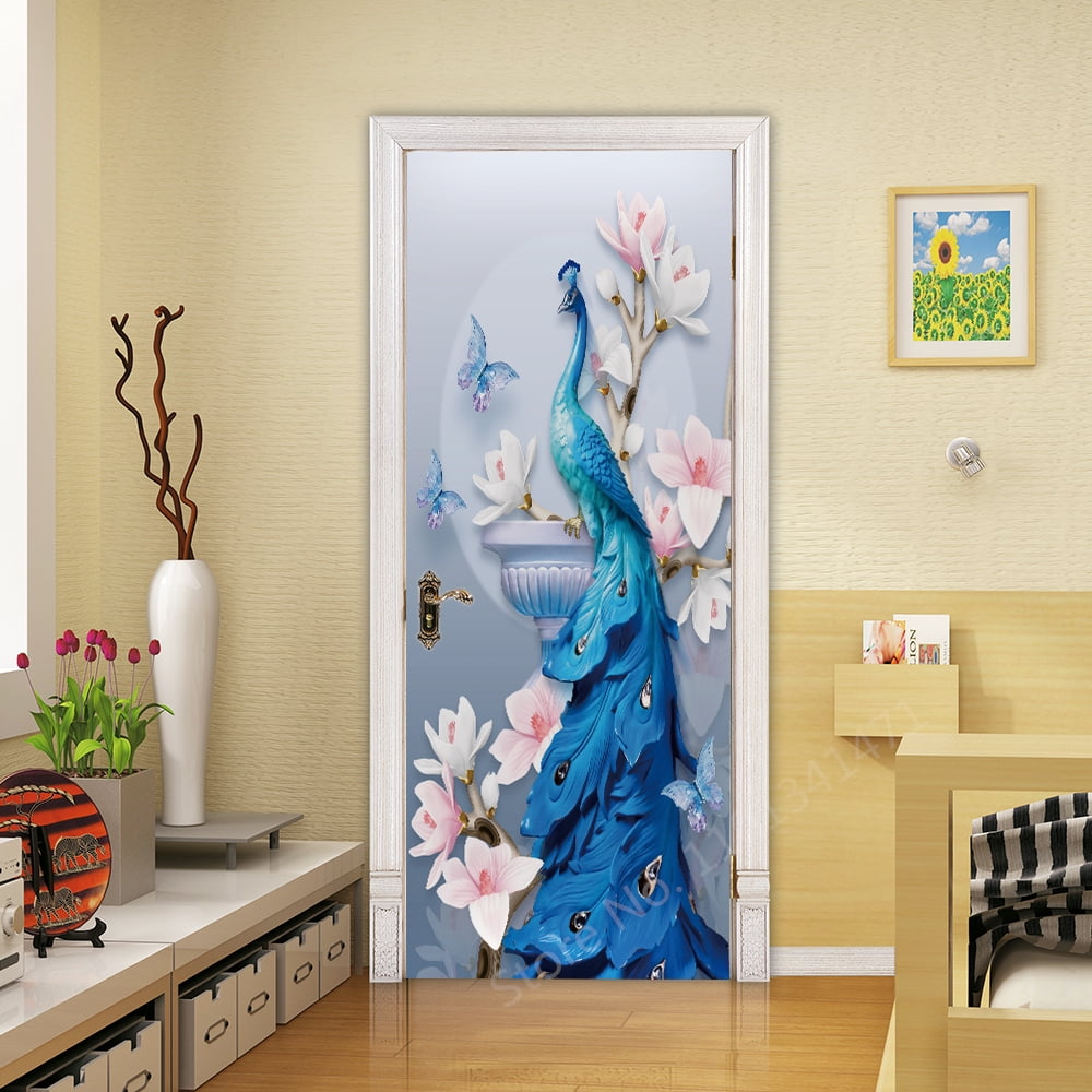 3D Peacock Door Stickers Home Decor Removable Wallpapers DIY Self ...