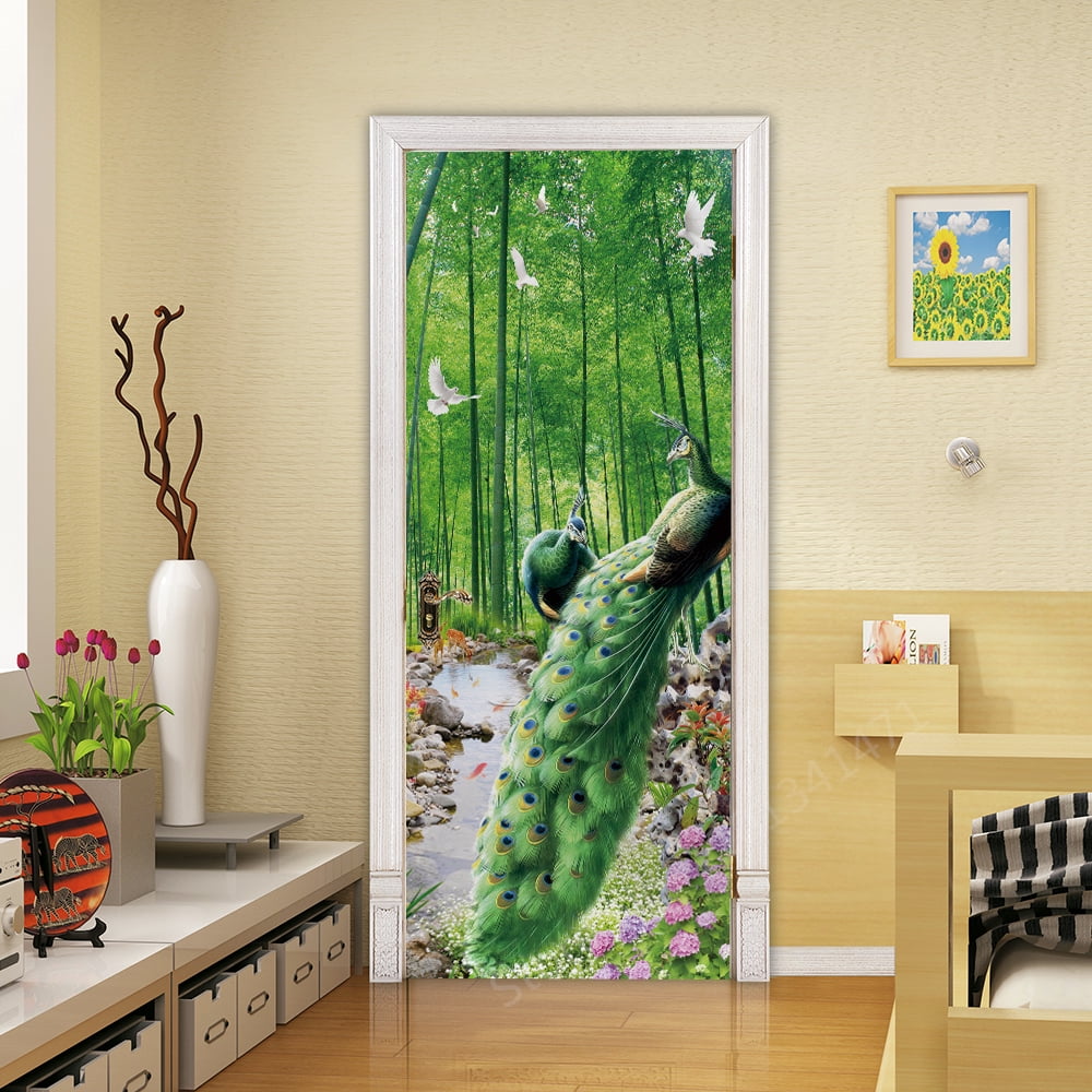 3D Peacock Door Stickers Home Decor Removable Wallpapers DIY Self ...