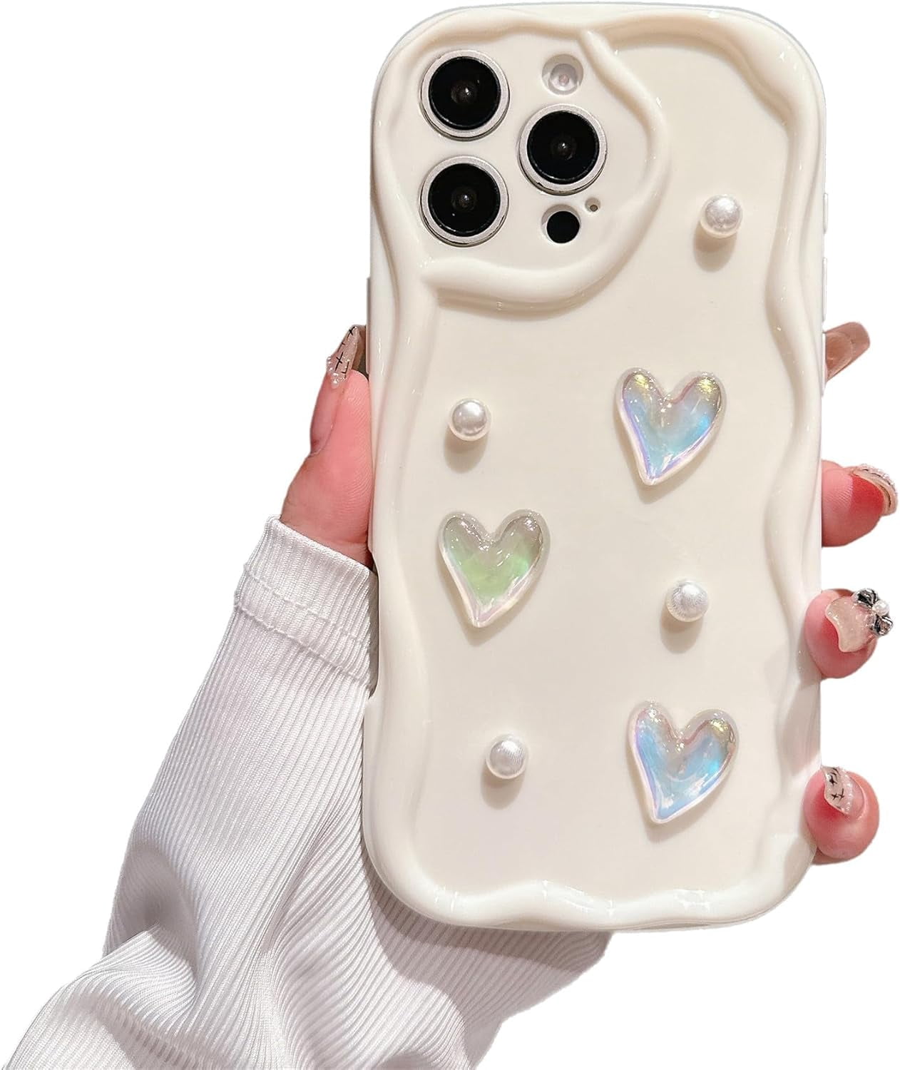 3D Pearl Love Heart Wavy Frame Phone Case for iPhone (Pink,iPhone 16 ...