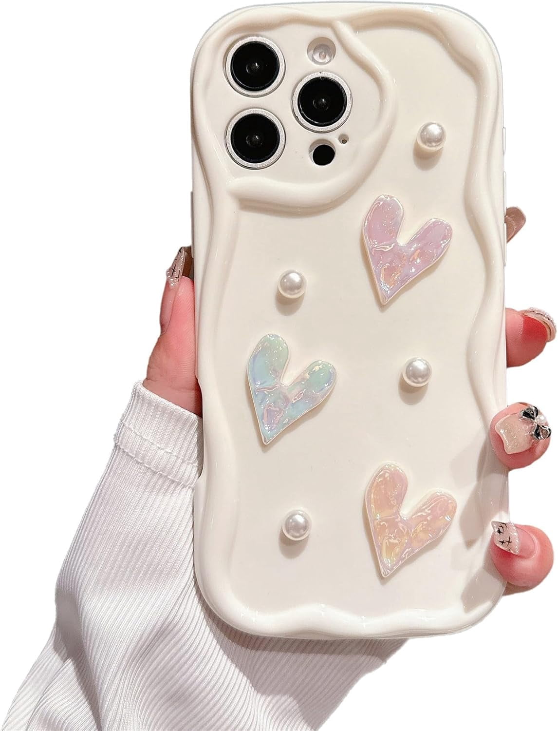 3D Pearl Love Heart Wavy Frame Phone Case for iPhone (White,iPhone 16 ...