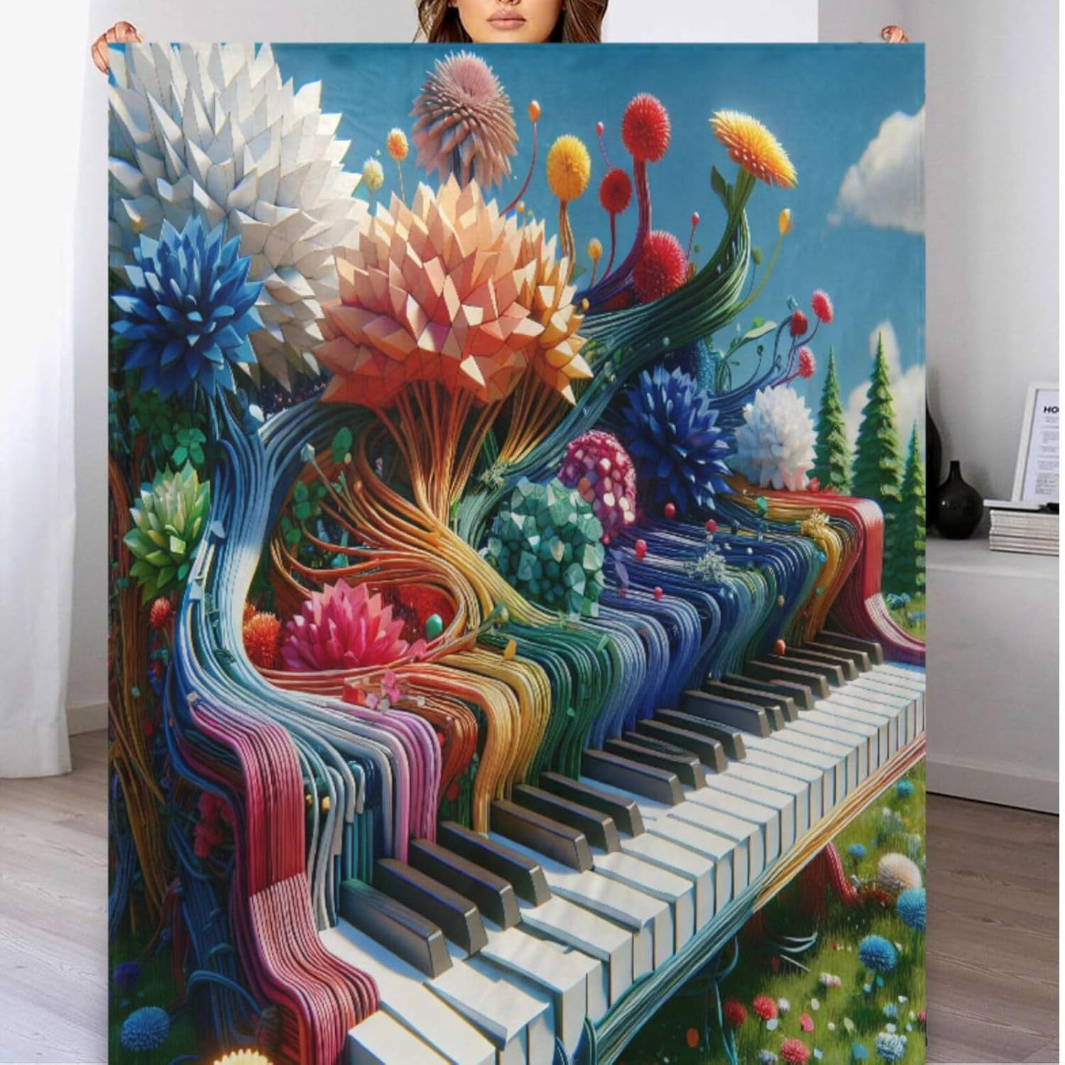 3D Piano Keys Throw Blanket Colourful Flower Soft Cozy Flannel Fleece ...