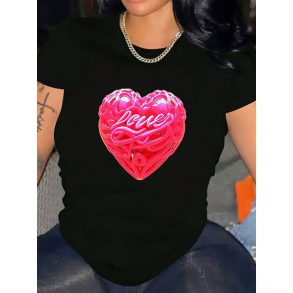 3D Pink Heart Love Script Valentine's Day Women Short Sleeve Graphic ...