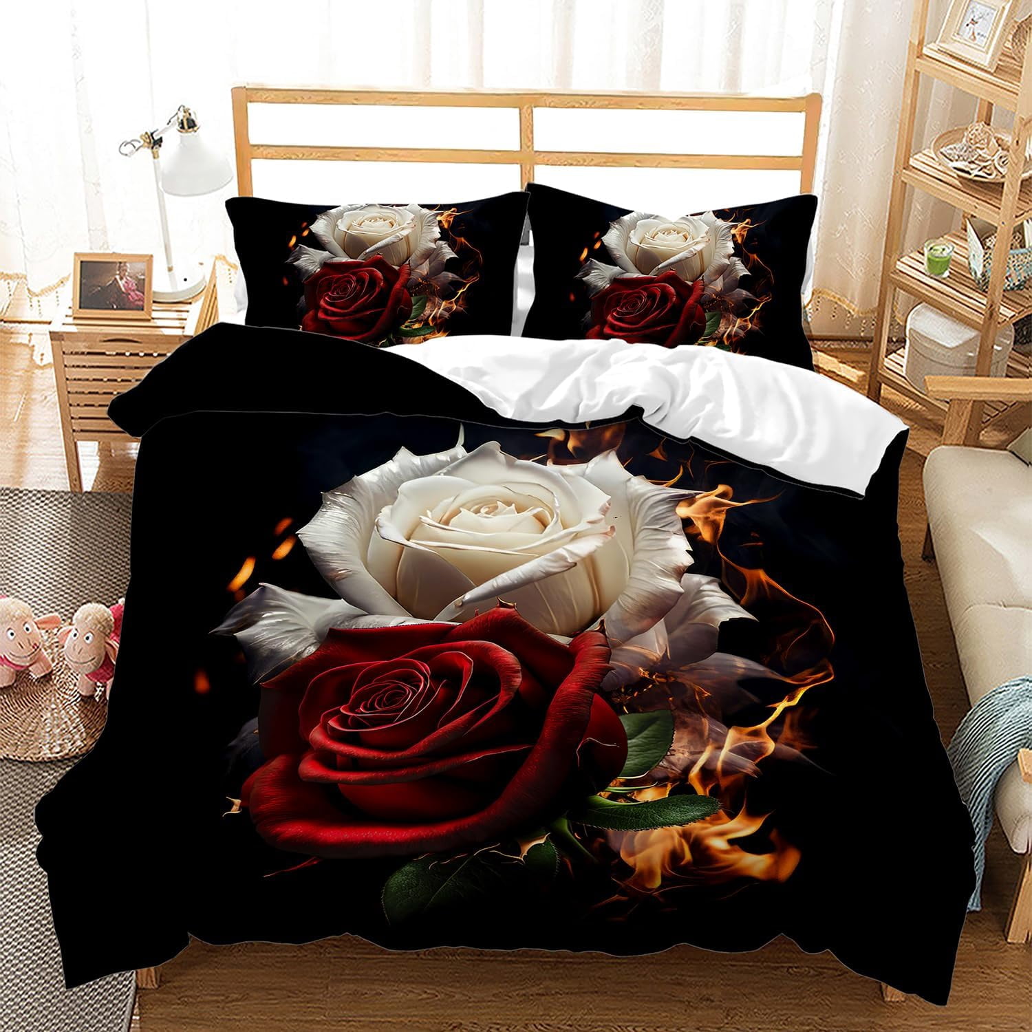 3D Pink Rose Duvet Cover King Size Roses with Butterfly Bedding Set for ...