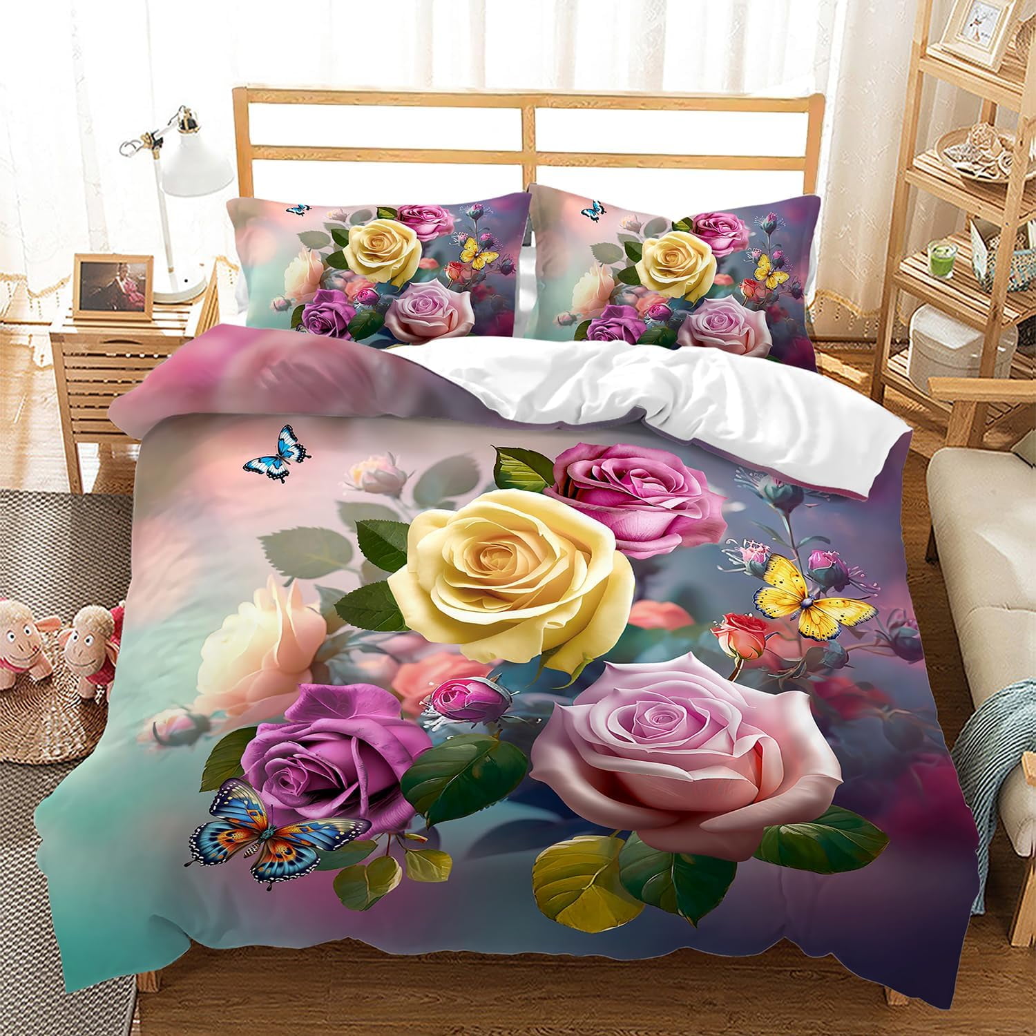 3D Pink Rose Duvet Cover King Size Roses with Butterfly Bedding Set for ...