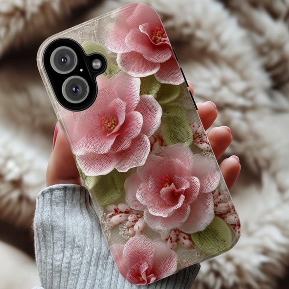 3D Pink Rose with Lace Rustic Charm Floral Phone Case 17 16 15 14 13 12 ...