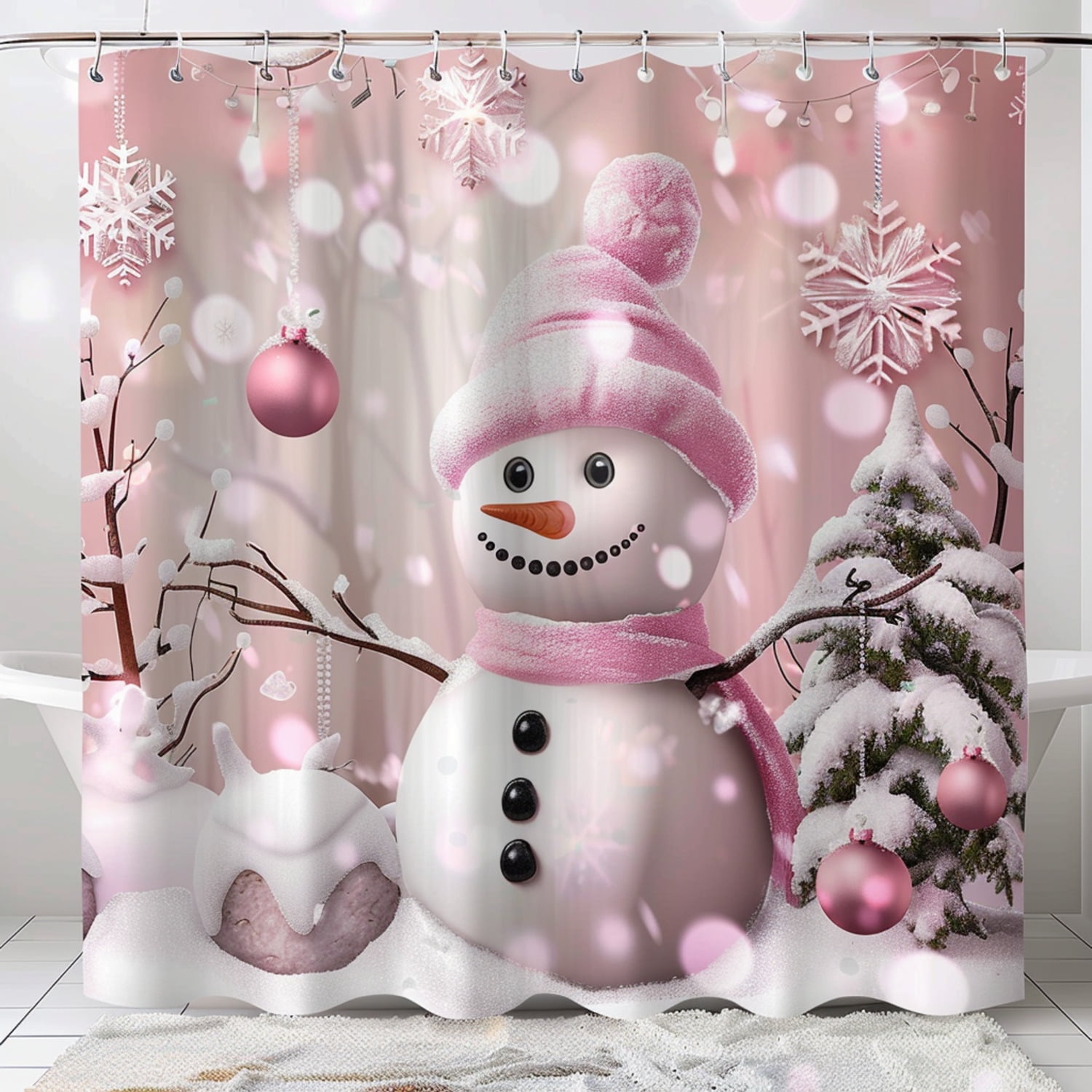 3d Pink Snowman Christmas Bathroom Curtain With Cute Cartoon Style