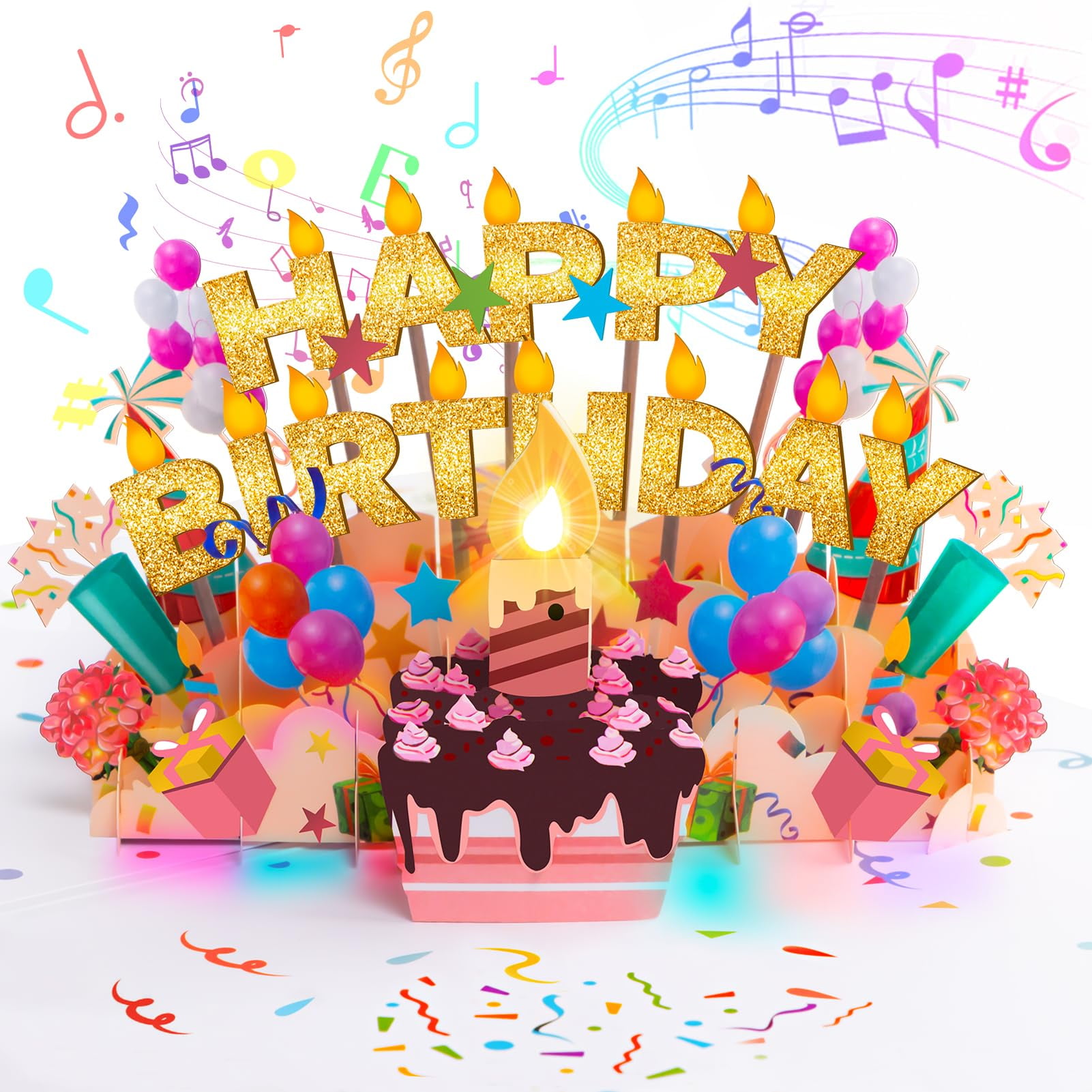 3D Pop Up Musical Birthday Card with LED Lights Blowable Candle Sensor ...