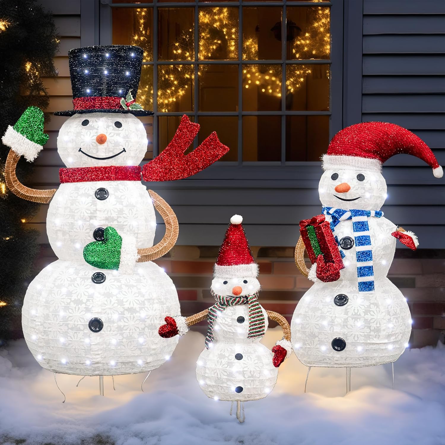 3D Pre-lit Christmas Snowman Family, Twinkle Light Up Glowing Snowmen 3 ...