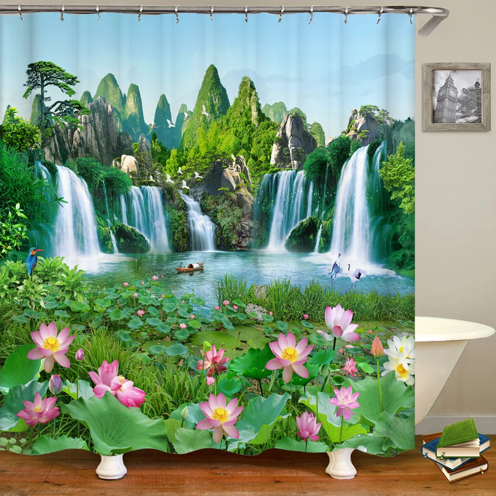 3D Print Chinese style waterfall Natural Scenery Shower Curtain With ...