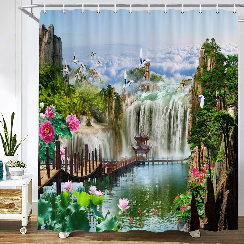 3D Print Chinese style waterfall Natural Scenery Shower Curtain With ...