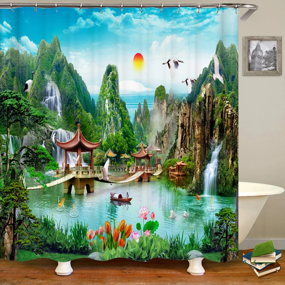 3D Print Chinese style waterfall Natural Scenery Shower Curtain With ...
