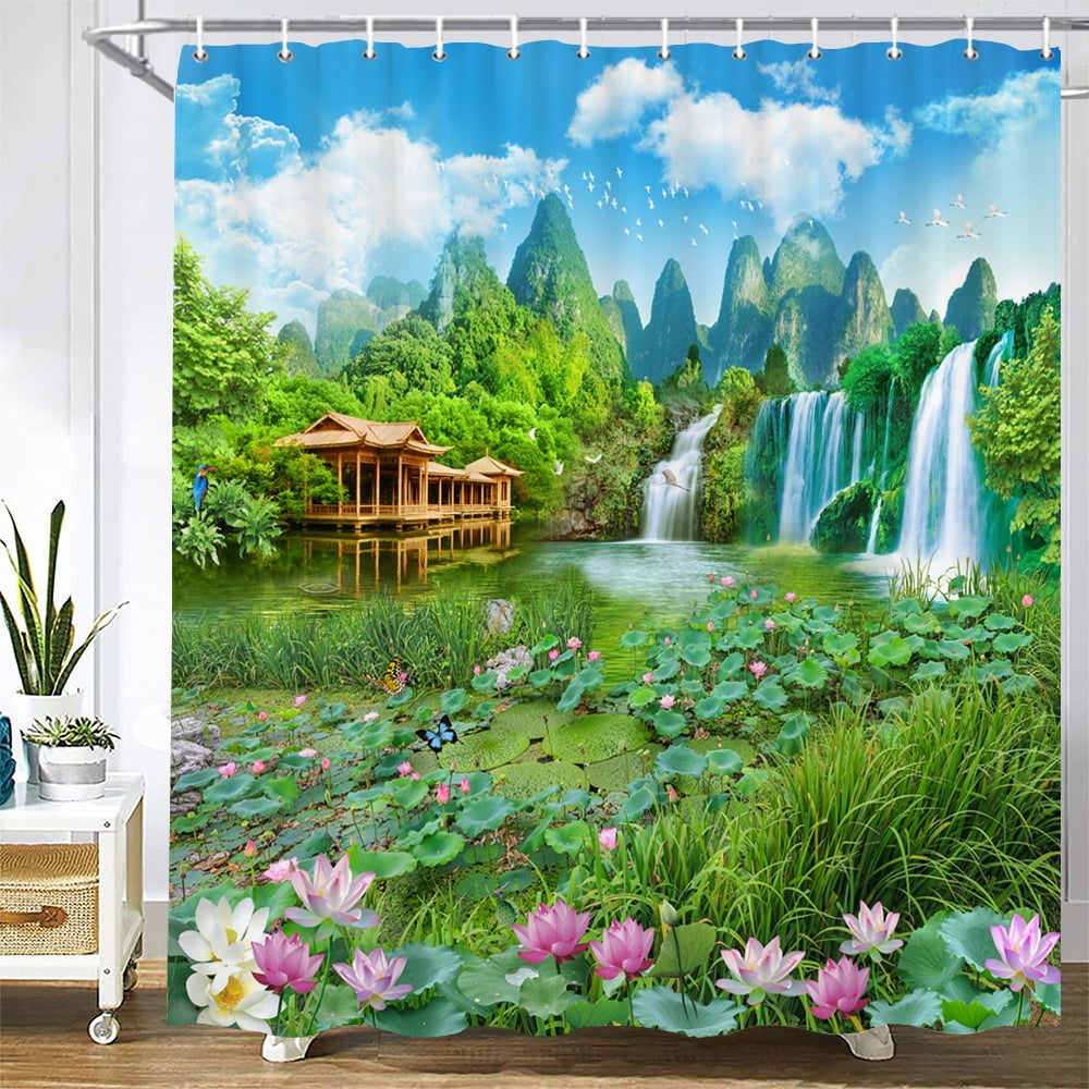 3D Print Chinese style waterfall Natural Scenery Shower Curtain With ...