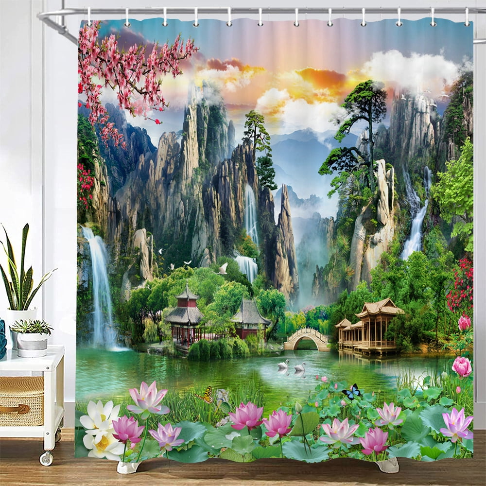 3D Print Chinese style waterfall Natural Scenery Shower Curtain With ...